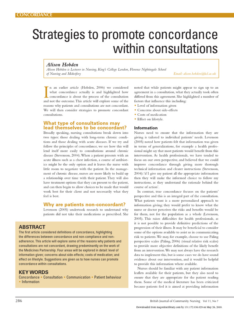 Strategies To Promote Concordance | PDF | Nursing | Chronic Condition