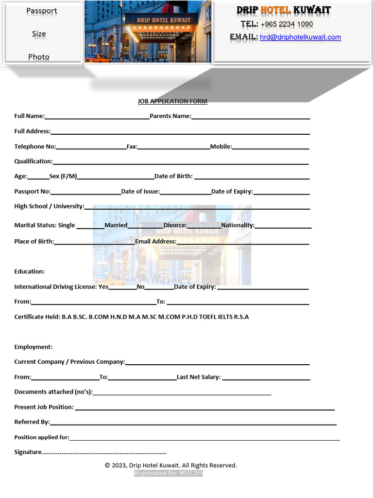 Drip Hotel Kuwait Job Application and Questionaries Form. | PDF