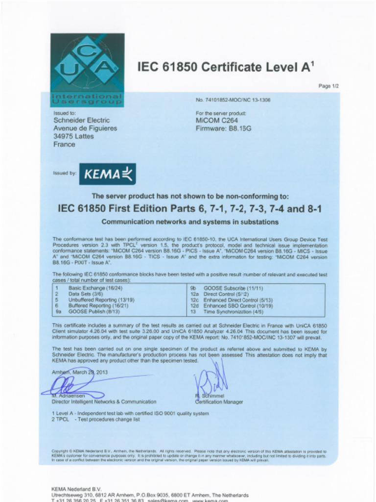 13-1306 SchneiderElectric MiCOM C264 Certificate | PDF