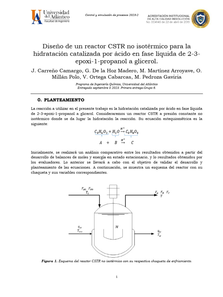 Diseño De Un Cstr No Isotérmico Entrega I G6 Pdf Reactor Quimico