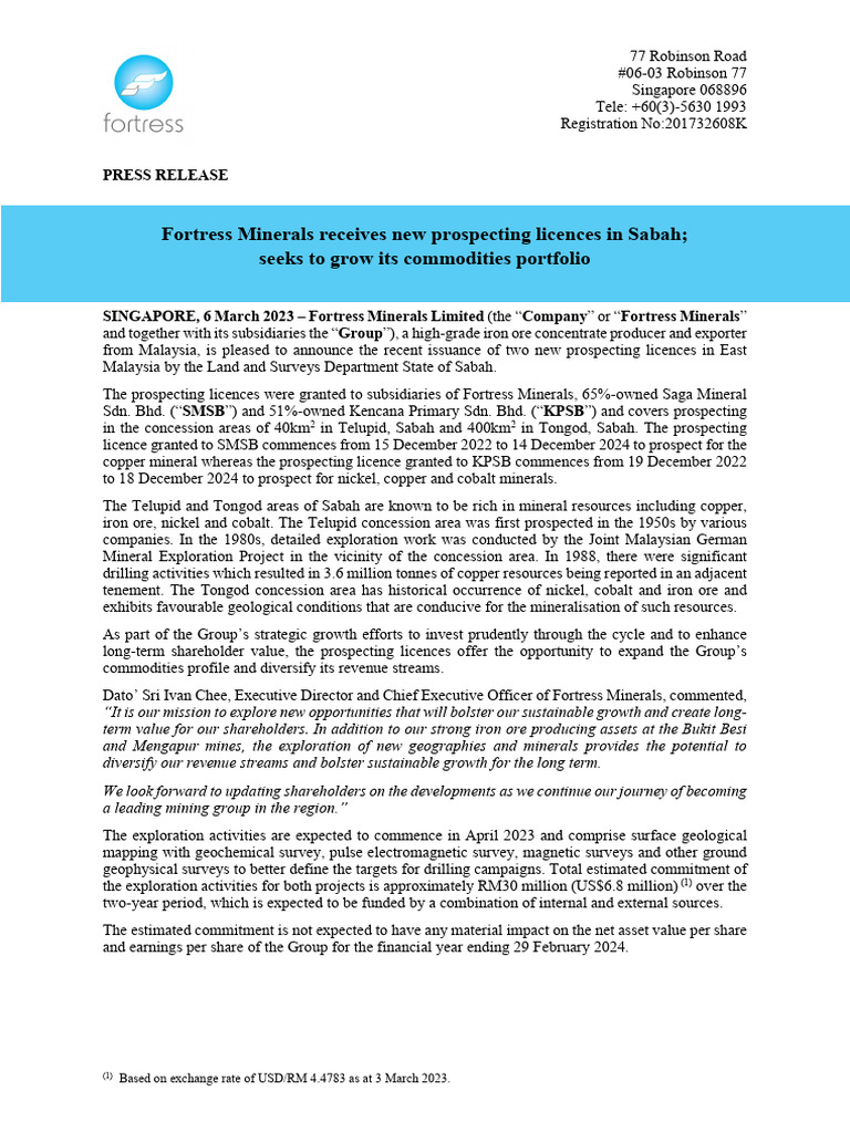 Fortress Minerals Gains Sabah Licences | PDF | Mining | Prospecting
