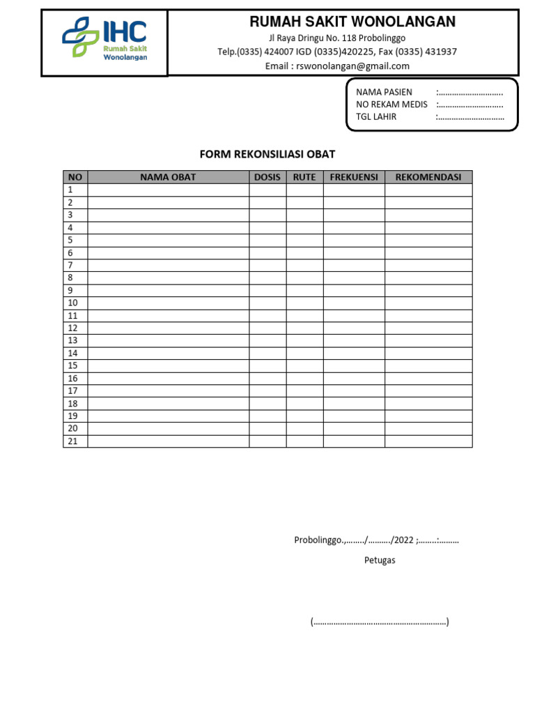 Form Rekonsiliasi Obat Rumah Sakit | PDF