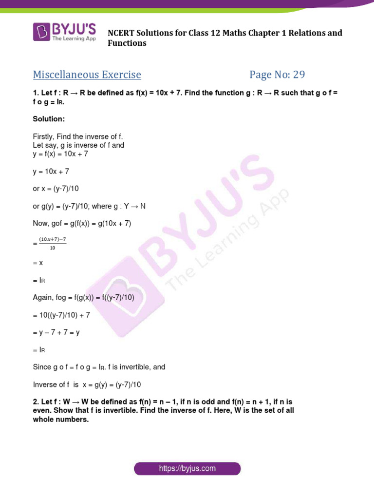 NCERT Solution For Class 12 Maths Chapter 1 Relation and Function ...