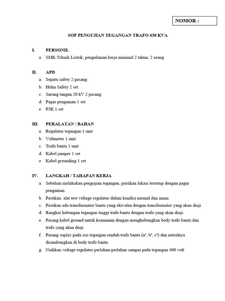 Sop Pengujian Tegangan Trafo 630 Kva | PDF
