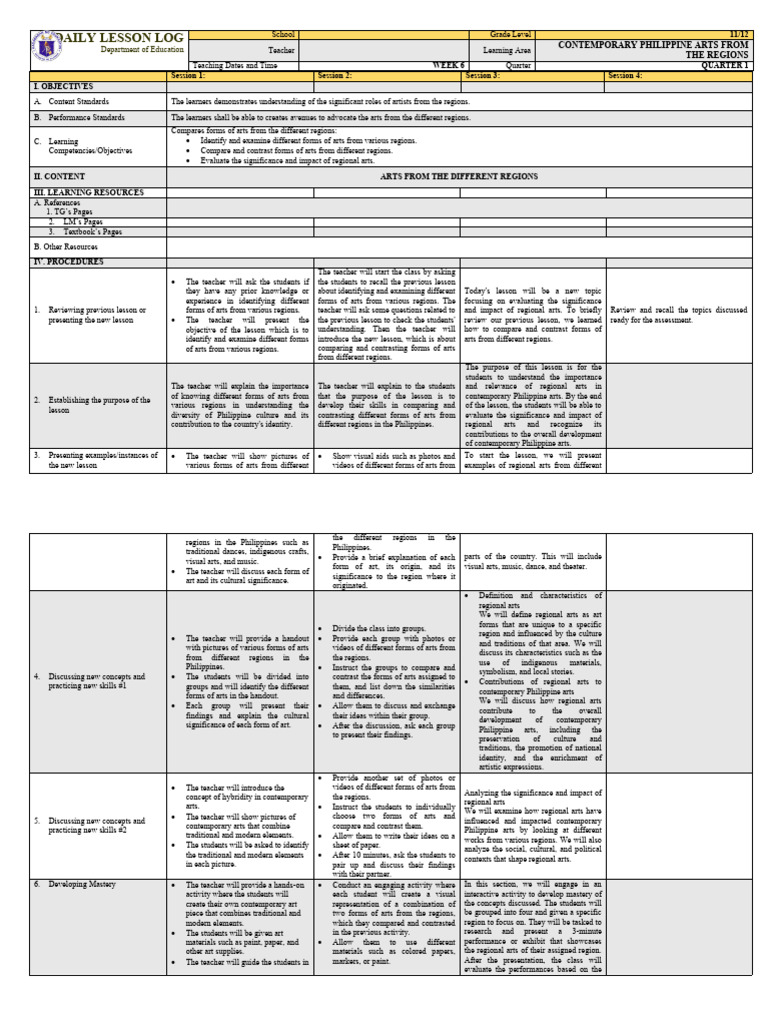 Cpar Q1 Week6 | PDF | The Arts | Teachers