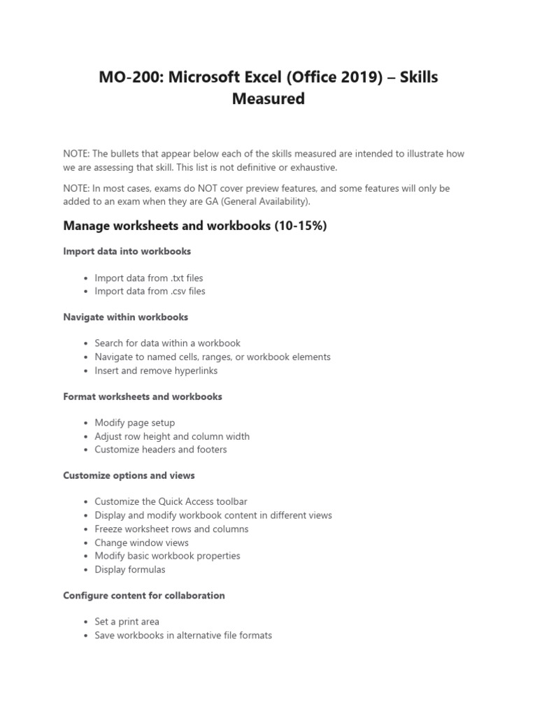 Mo 200 Microsoft Excel 2019 Skills Measured | PDF | Microsoft Excel ...