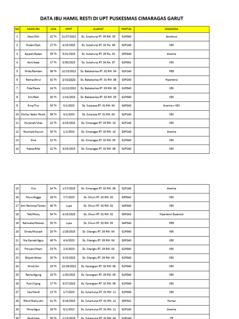 Data Ibu Hamil Resti Cimaragas | PDF