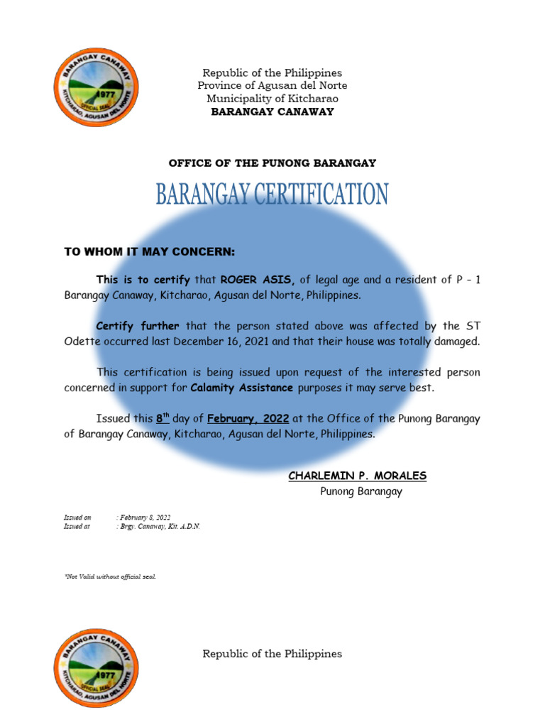Certificate For Odette | Download Free PDF | Typhoon | Philippines