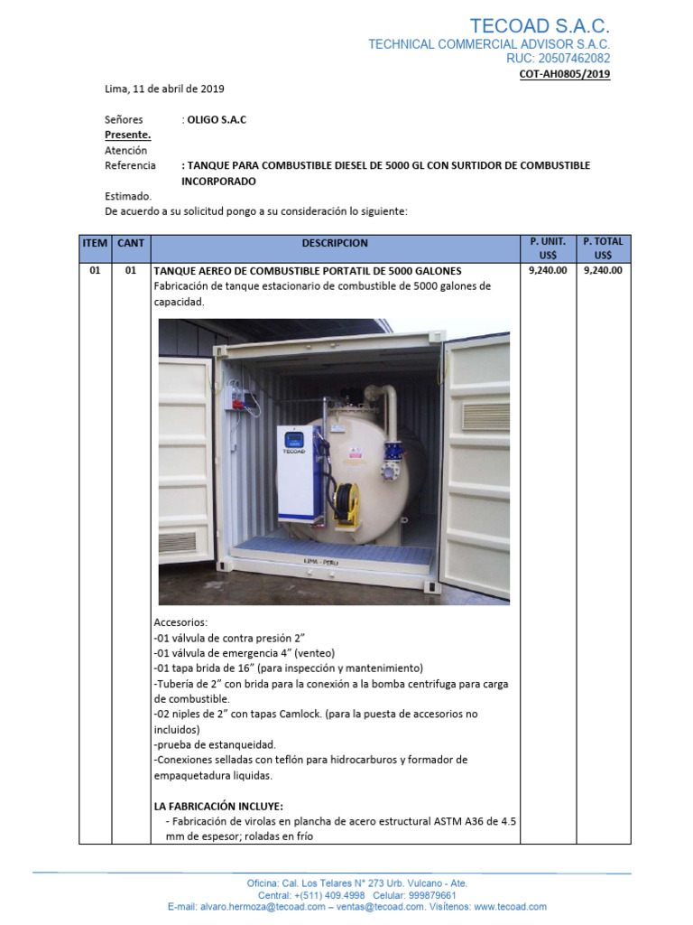 Cot-Ah08035019 Tanque para Combustible Diesel de 5000 GL Con Surtidor de Combustible Incorporado ...