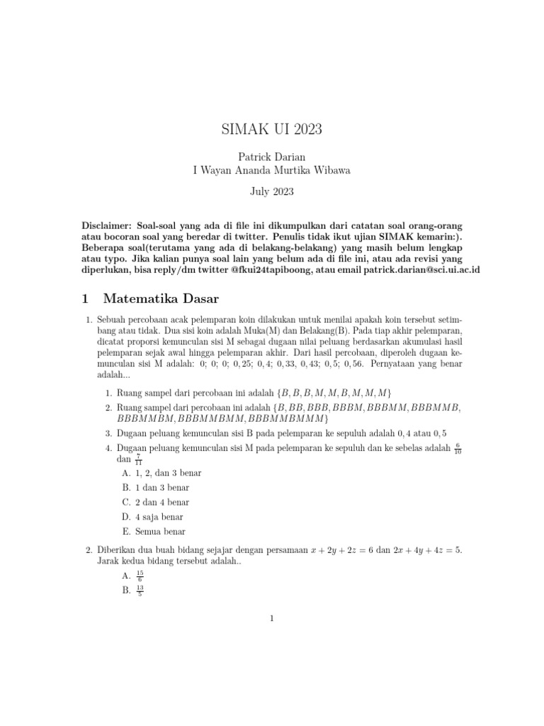 Soal Matematika SIMAK UI 2023 - Revisi 1 | PDF