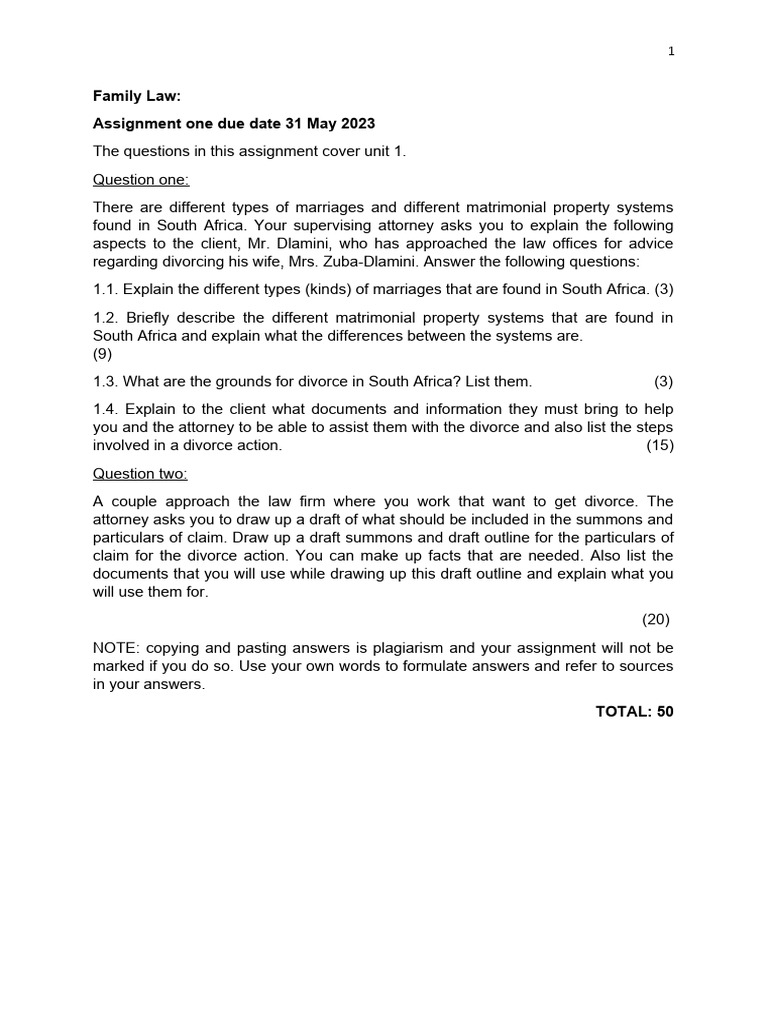Family Law 2 Assignments 2023 | PDF | Divorce | Restraining Order