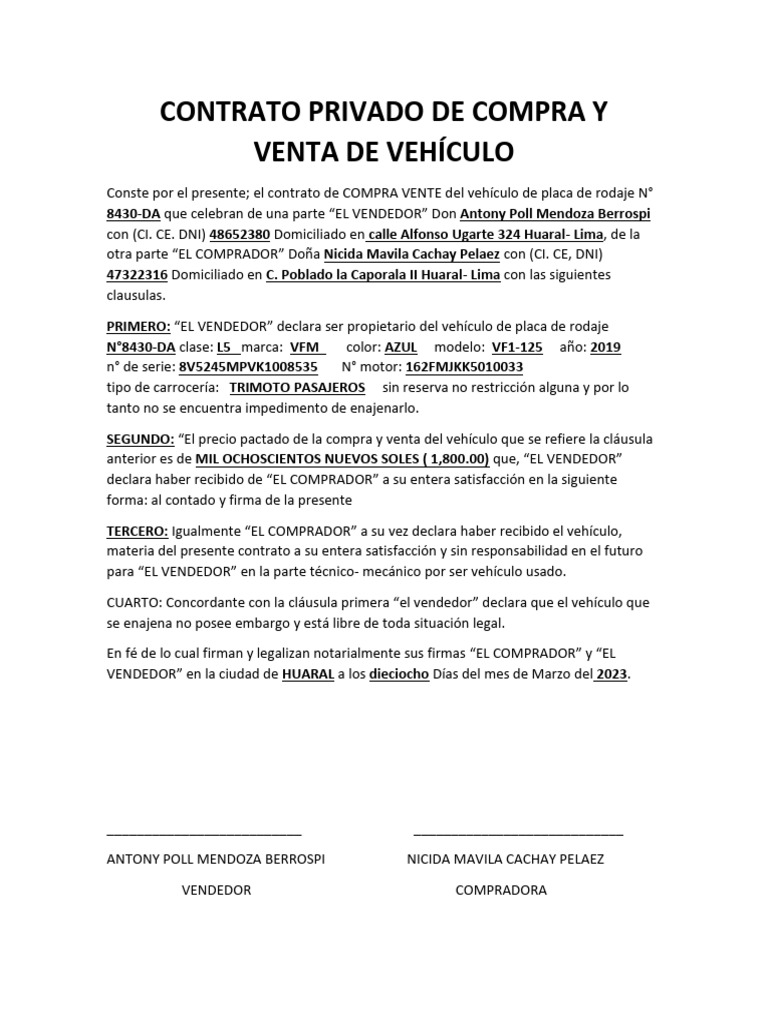 Contrato Privado de Compra y Venta de Vehículo | PDF