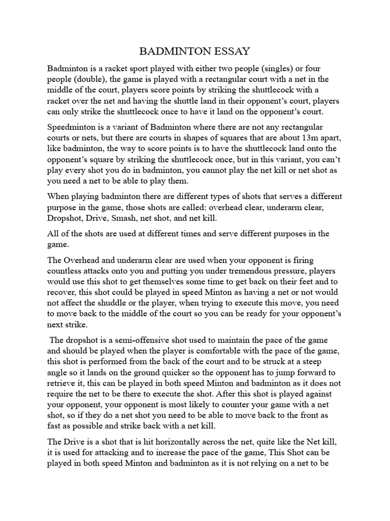 Badminton Essay | PDF | Indoor Sports | Entertainment