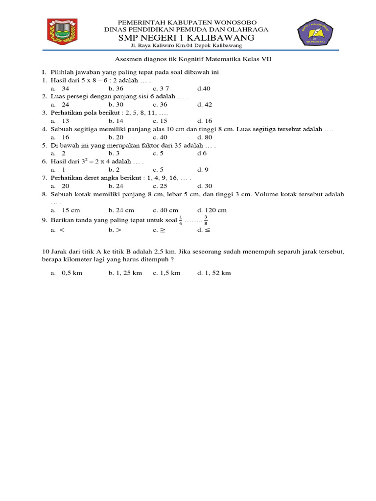 Asesmen Diagnostic Kognitif Matematika Kelas VII | PDF