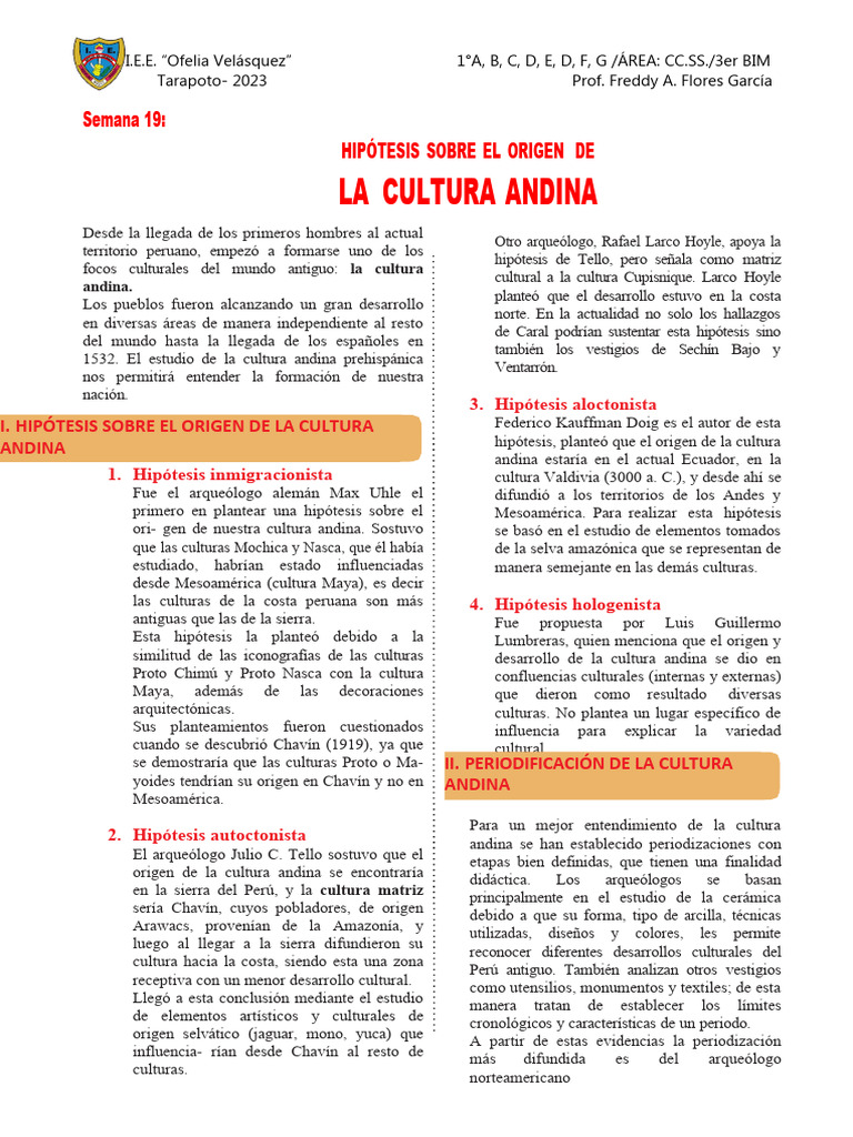 Hipótesis Sobre El Origen de La Cultura Andina para Primer Grado de ...
