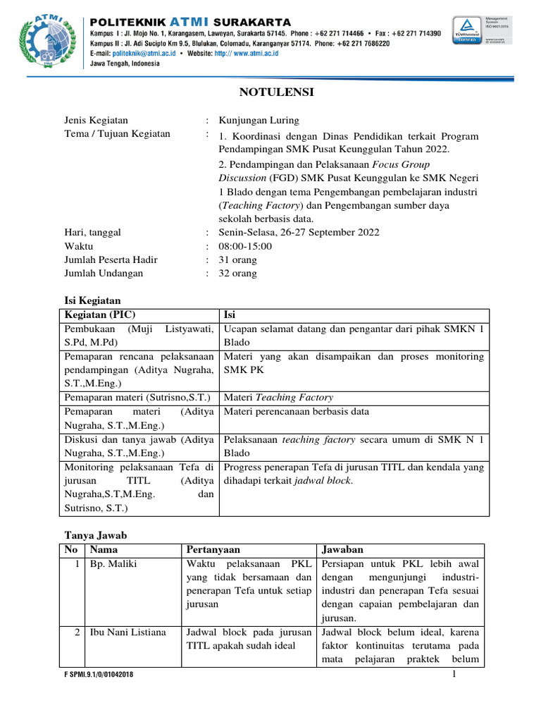Form Notulensi Kegiatan | PDF