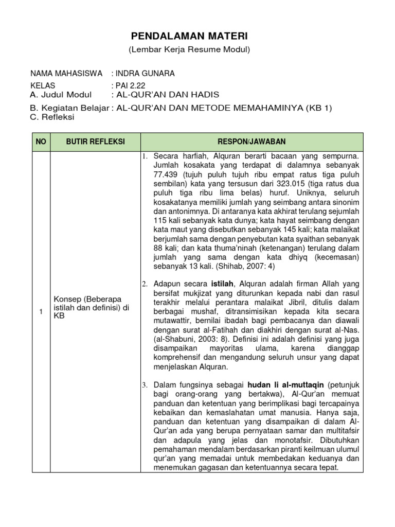 Resume KB 1 Al-Qur'an Dan Hadis Al-Qur'an Dan Metode Memahaminya | PDF | Seni & Disiplin Bahasa ...