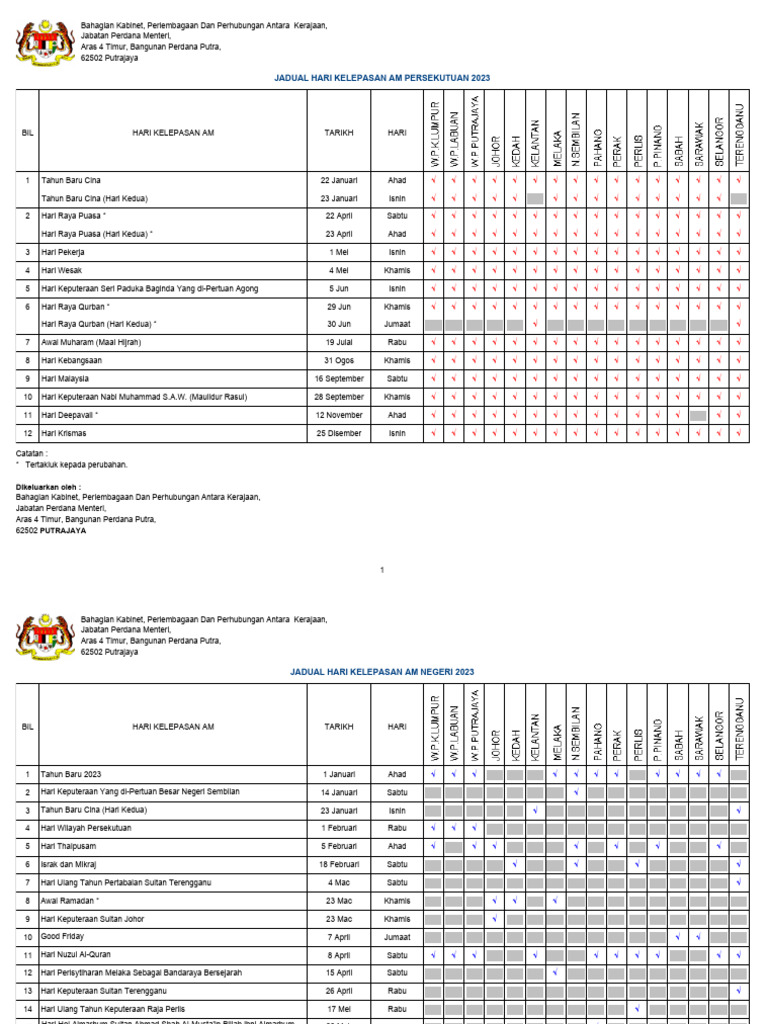 Hari Kelepasan Am 2023 Terkini | PDF