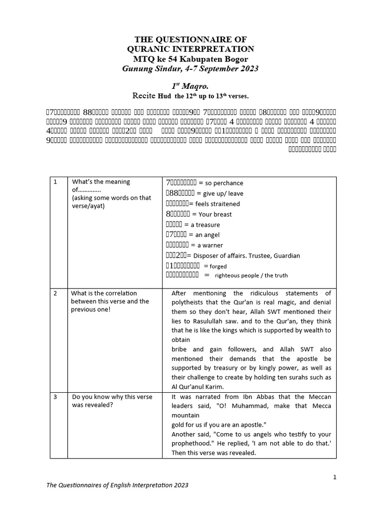 THE QUESTIONNAIRE OF MTQ 54 SEPTEMBER GUNUNG SINDAR WITH ANSWER | PDF ...