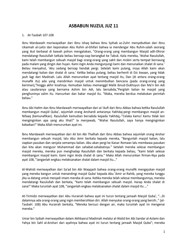 Asbabun Nuzul Juz 11 | PDF