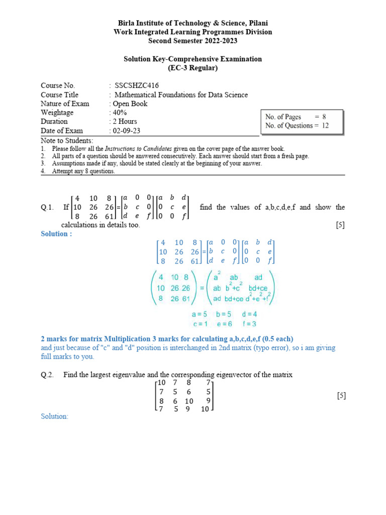 Solution Key Comprehensive Question Paper | PDF | Eigenvalues And Eigenvectors | Support Vector ...