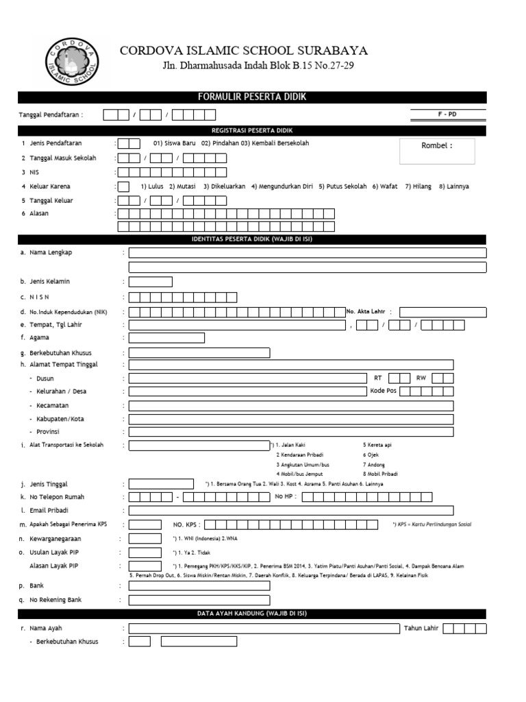 FORMULIR PENDAFTARAN SISWA BARU (2) | PDF