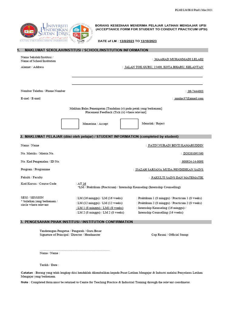 02 - Borang Kesediaan LM (Dwi Bahasa) | PDF