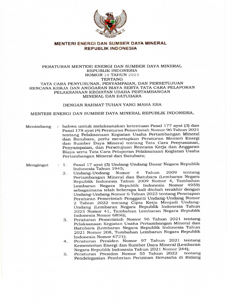 Permen ESDM No. 10 Tahun 2023 Penyampaian RKAB | PDF
