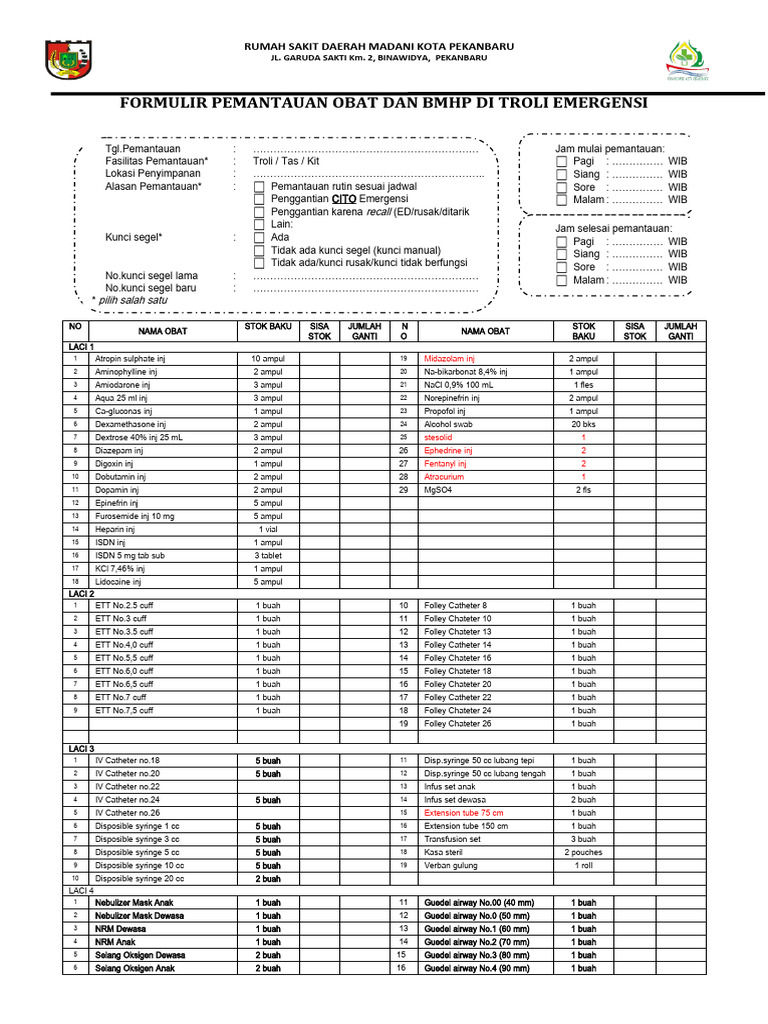 Formulir Pemantauan Obat Dan Bmhp Di Troli Emergensi Versi 5 Laci Dan 3 ...