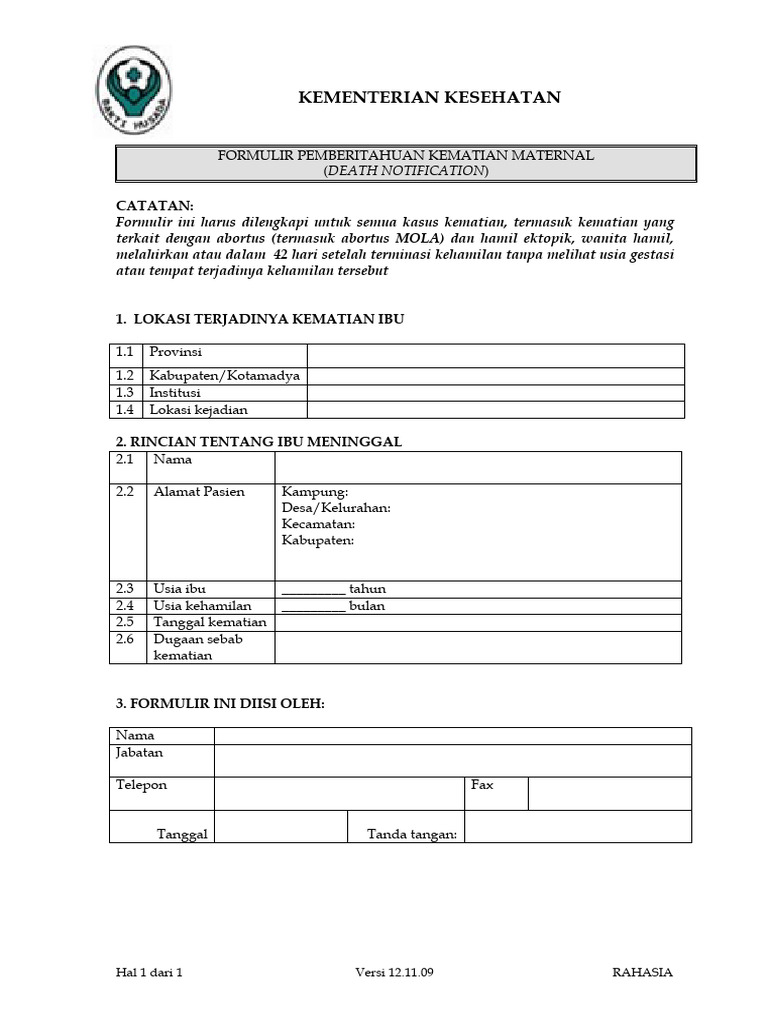 Form Pemberitahuan Kematian Maternal | PDF | Kesehatan Holistik ...
