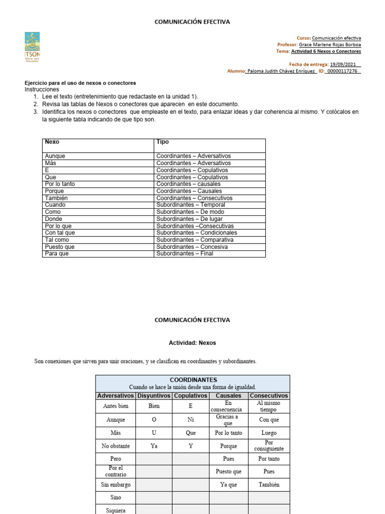 Actividad 6 Nexos O Conectores Pdf Oración Lingüística