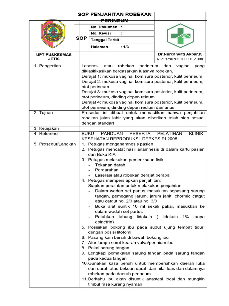 Prosedur Penjahitan Robekan Perineum | PDF