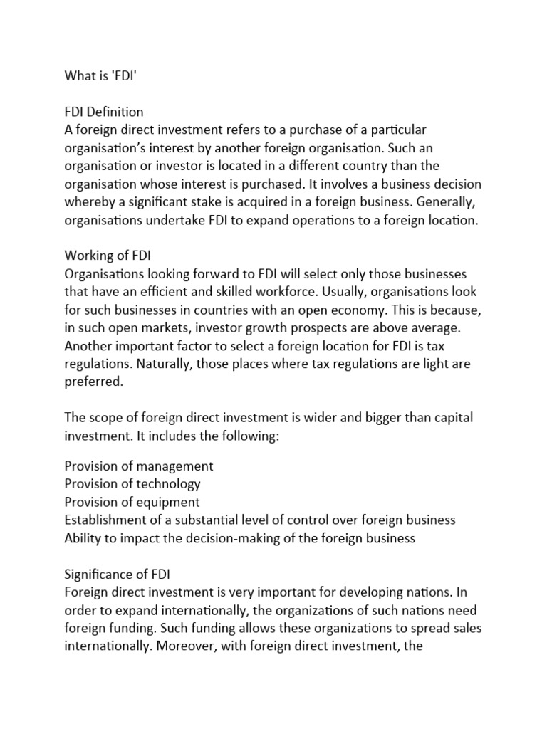 Fdi Meaning | PDF | Foreign Direct Investment | Investing
