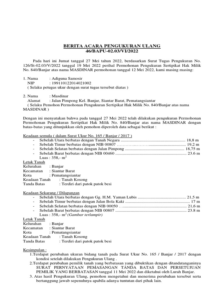Berita Acara Pengukuran Ulang Masdinar | PDF
