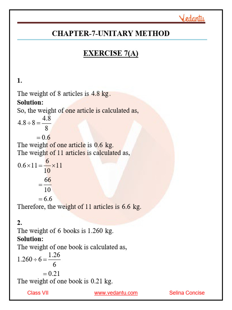 Class VII Unitary Method Exercises | PDF | Cooking, Food & Wine ...
