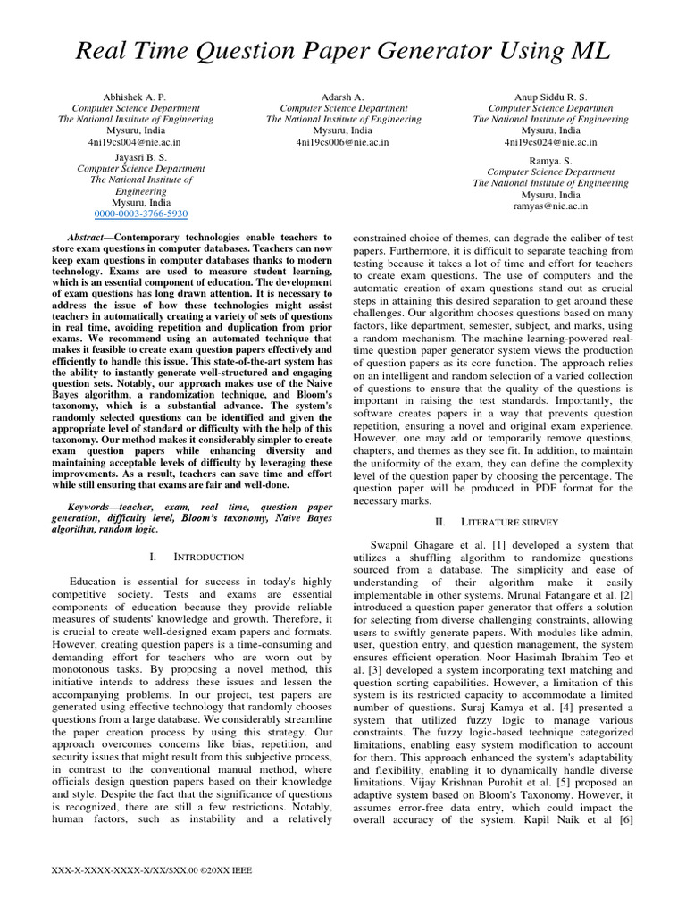Real Time Question Paper Generator Using ML: Abstract-Contemporary Technologies Enable Teachers ...