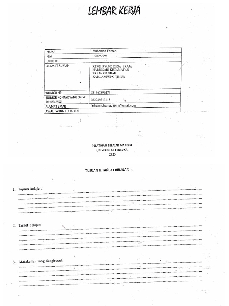 LEMBAR KERJA PKBJJ UT BANDAR SRIBHAWONO | PDF