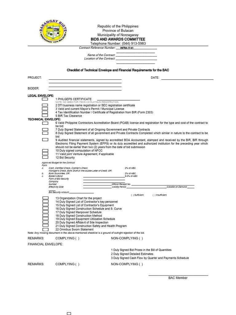Checklist of Technical Envelope and Financial Requirements For The BAC ...