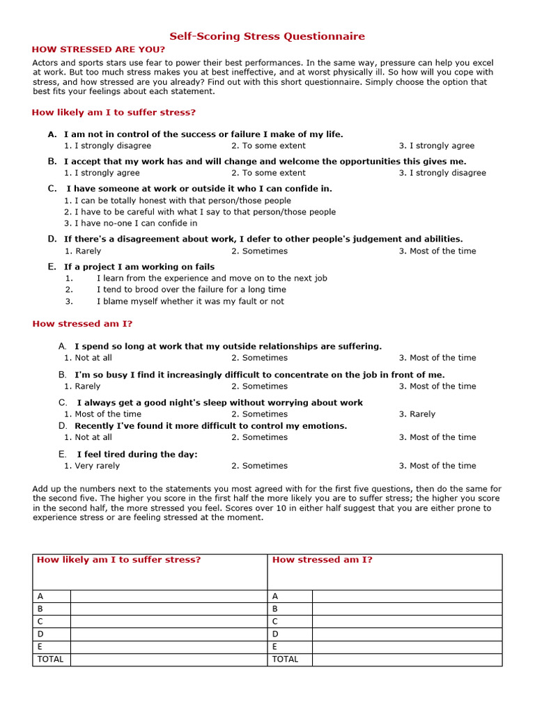 Self-Scoring Stress Assessment Tool | PDF | Psychology | Psychological ...