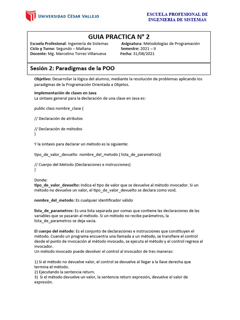 Guía Práctica 02 | PDF | Java (lenguaje de programación) | Método (programación de computadora)