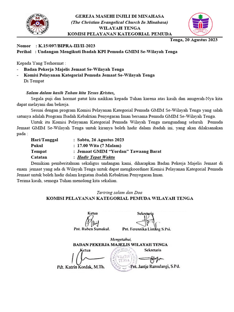 Surat Undangan Ibadah Pemuda Wilayah Tenga-1 | PDF