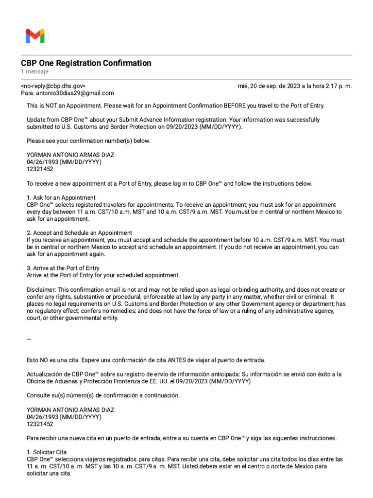 Gmail - CBP One Registration Confirmation (1) - 5 | PDF | U.S. Customs ...