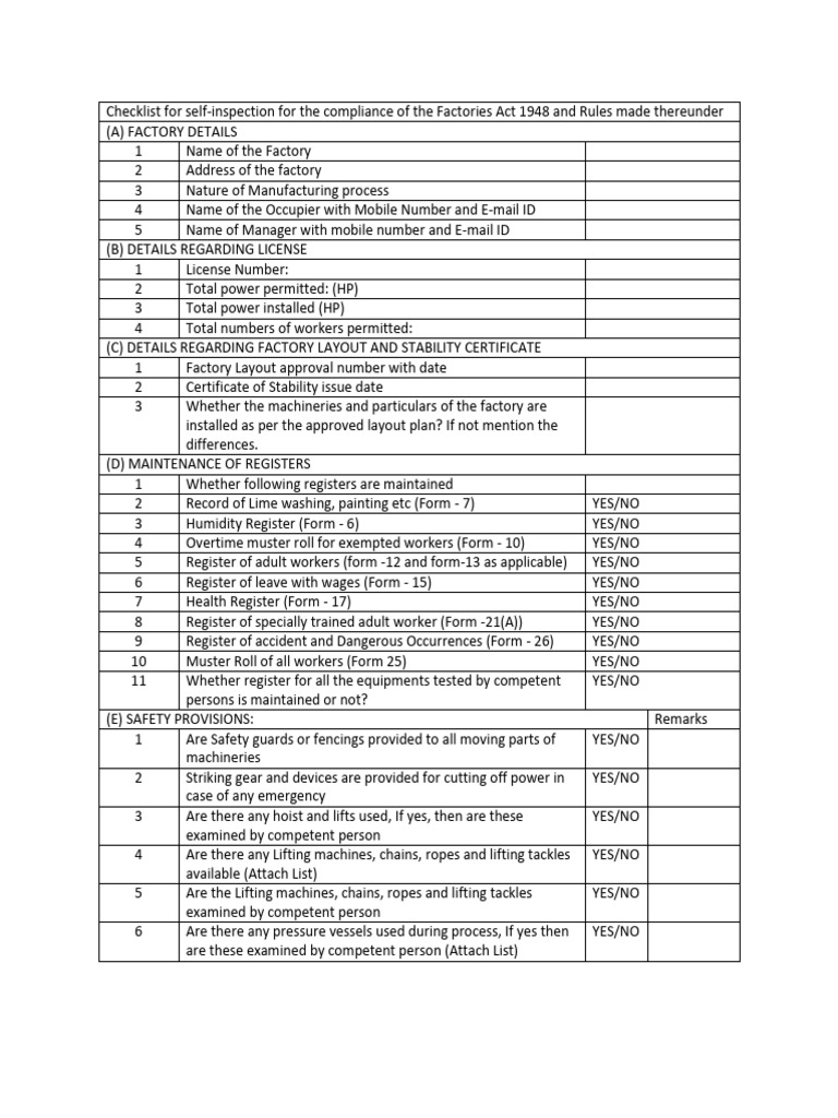 Factories Act 1948 Compliance Checklist | PDF | Occupational Safety And ...
