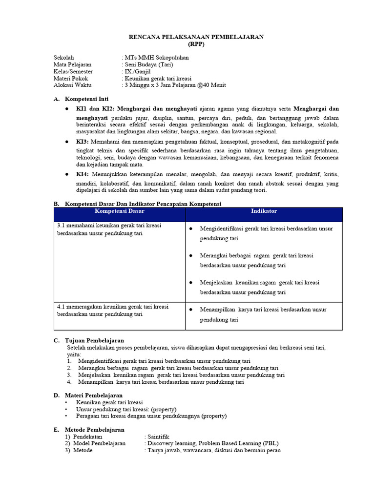 7.C RPP 1 Seni Tari | PDF