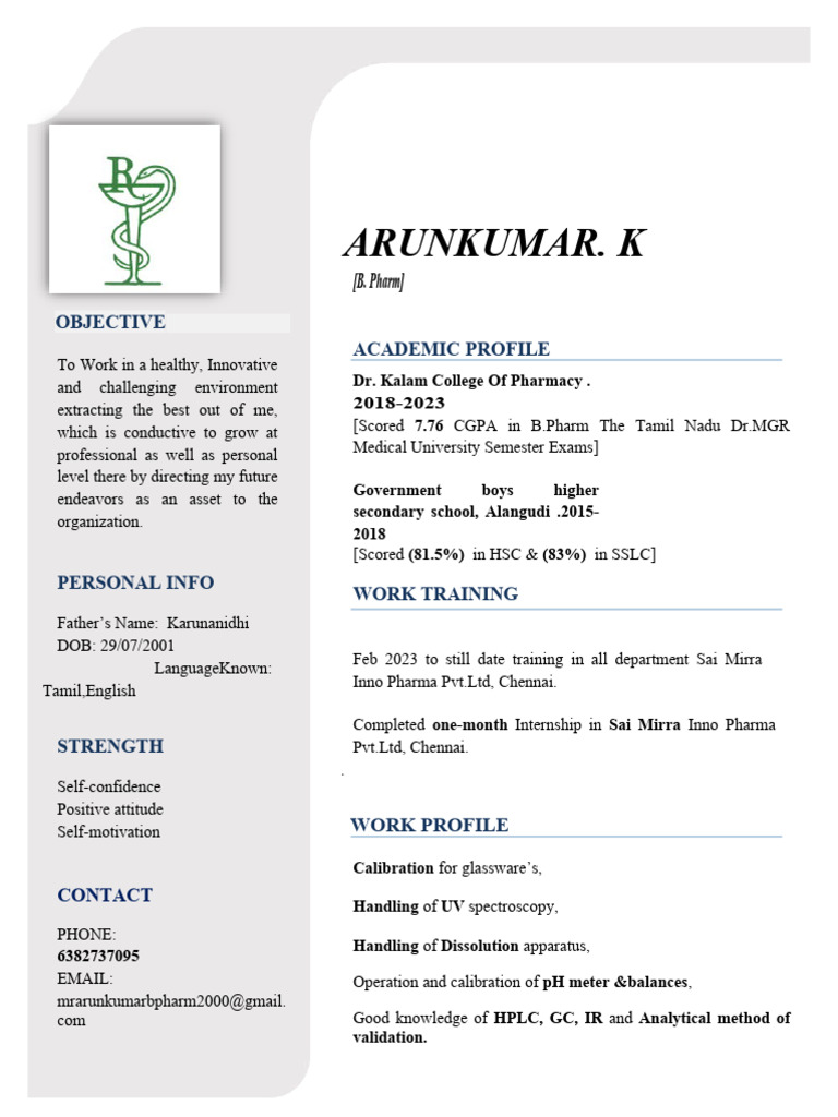 Arunkumar Resume Fully Edit1 | PDF | Pharmaceutical Sciences | Medicine