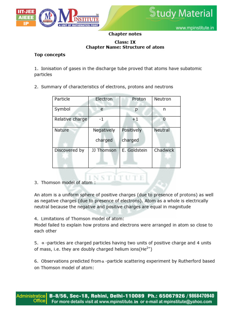 Notes of Chapter - Structure of Atom | PDF