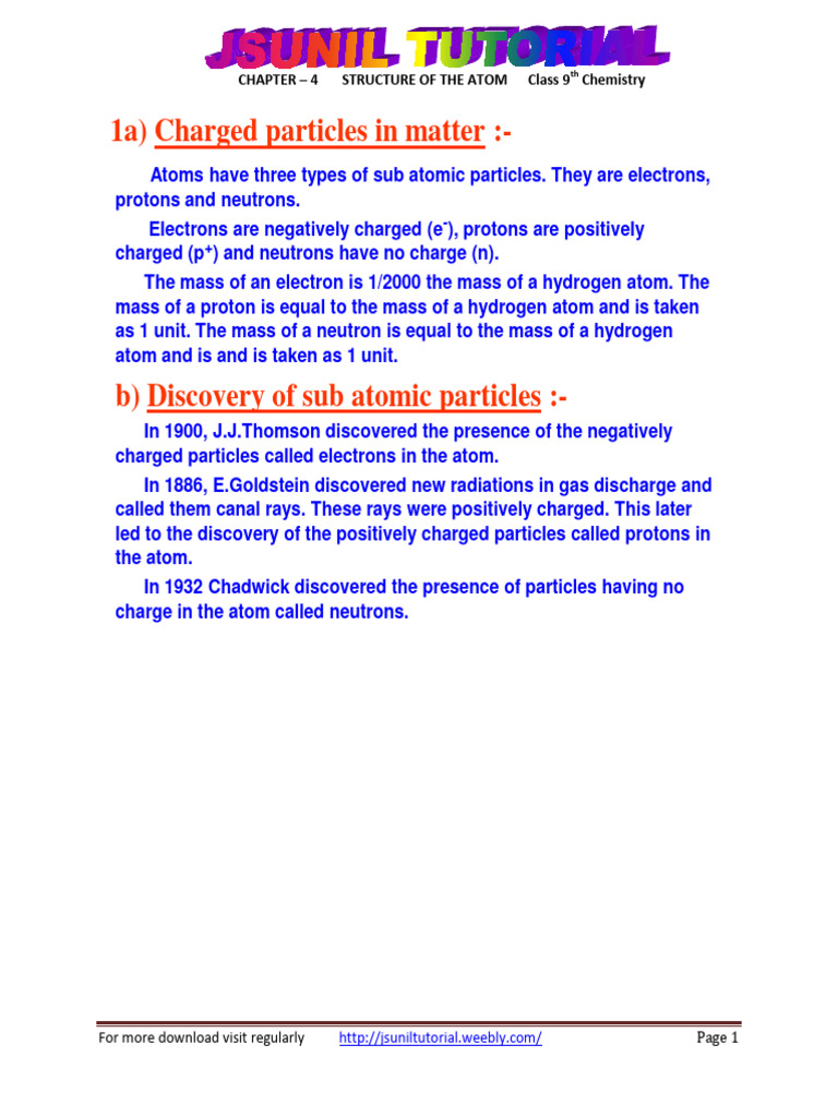 Notes - Structure of Atom | PDF | Atoms | Proton