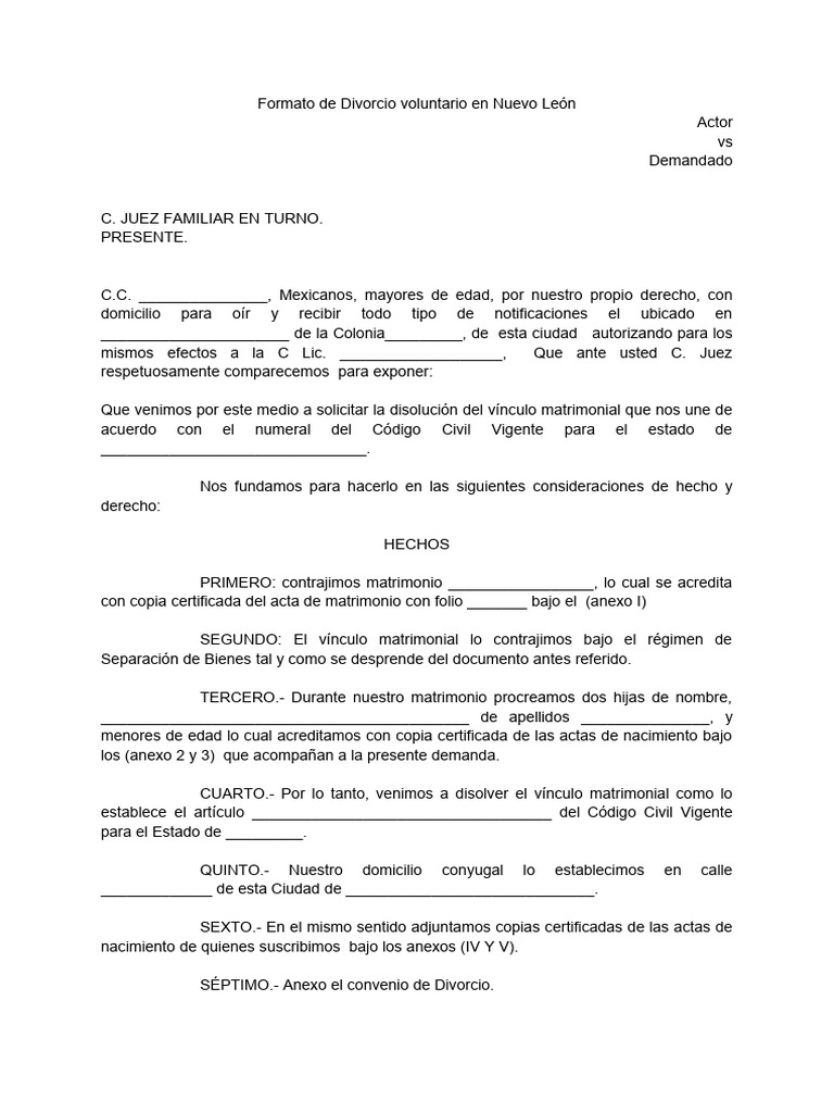 Formato de Divorcio Voluntario en Nuevo Leon | PDF | Divorcio | Matrimonio