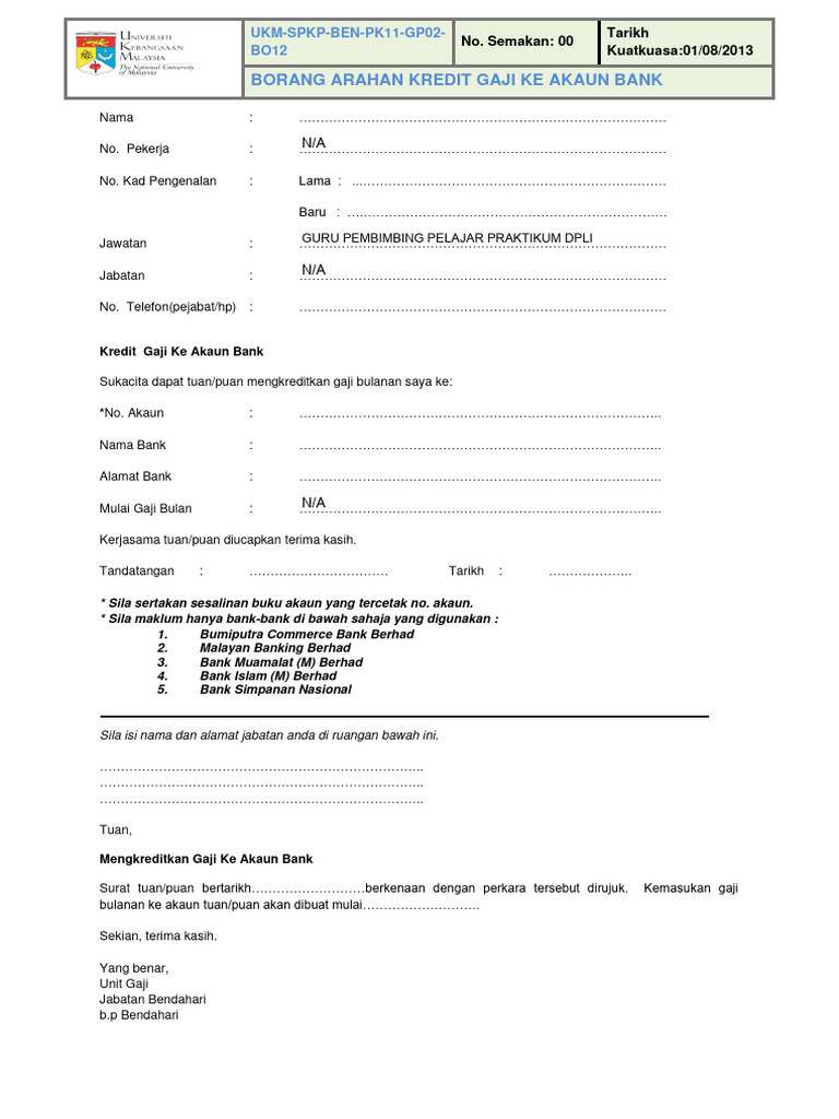 Arahan Kredit Gaji ke Akaun Bank | PDF