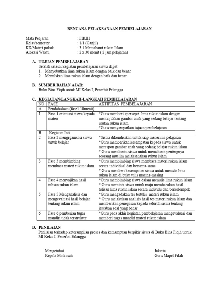 RPP Fiqih Kelas 1 KMA 183 | PDF